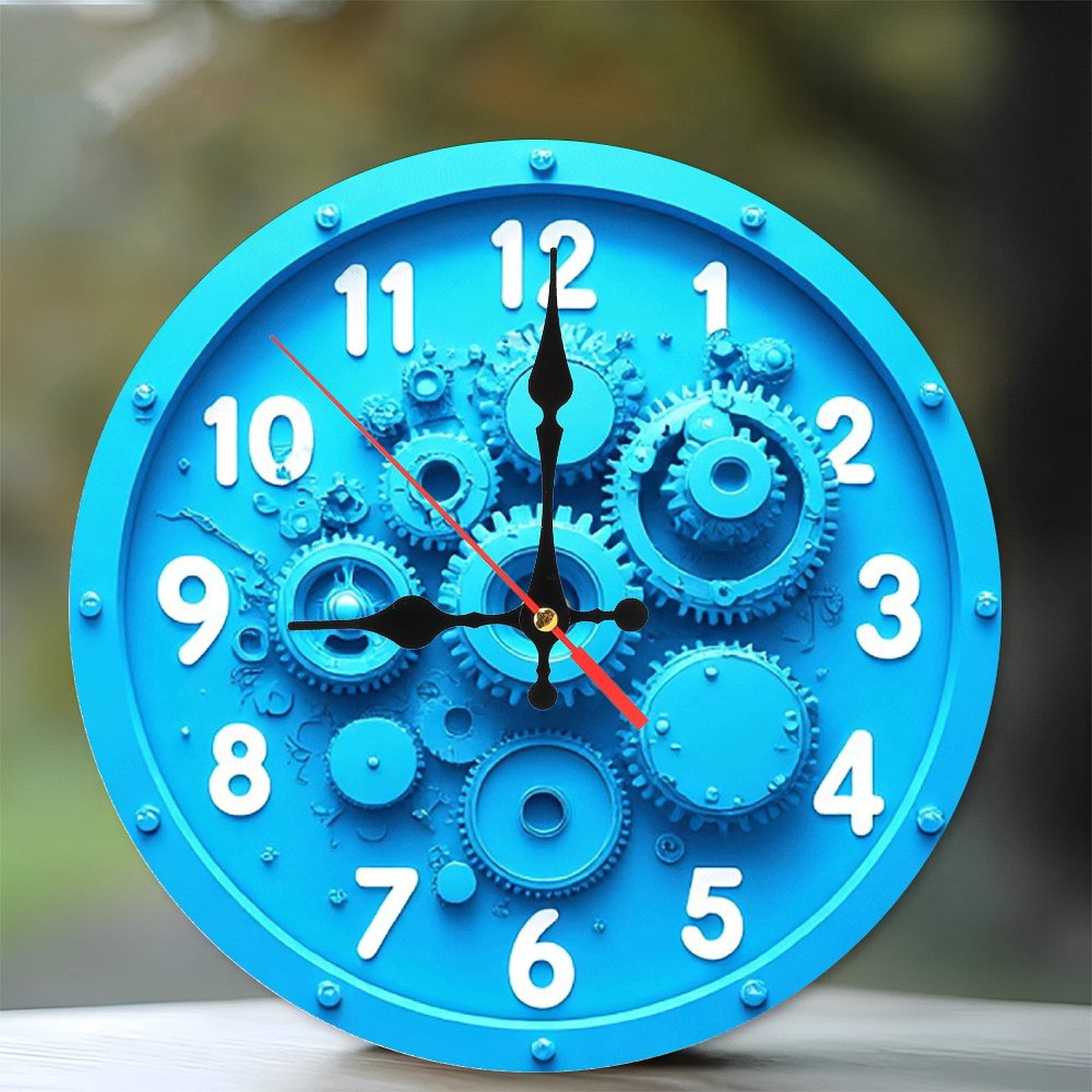 Blue Gear Clock Wall Decor 10-Inch Silent Wooden Wall Clock, Battery ...