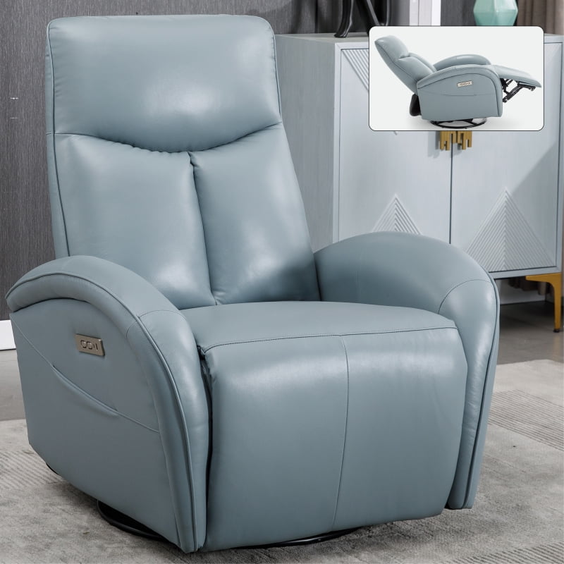 Blue Genuine Leather Swivel and Rocker Power Recliner Chair with Lumbar ...