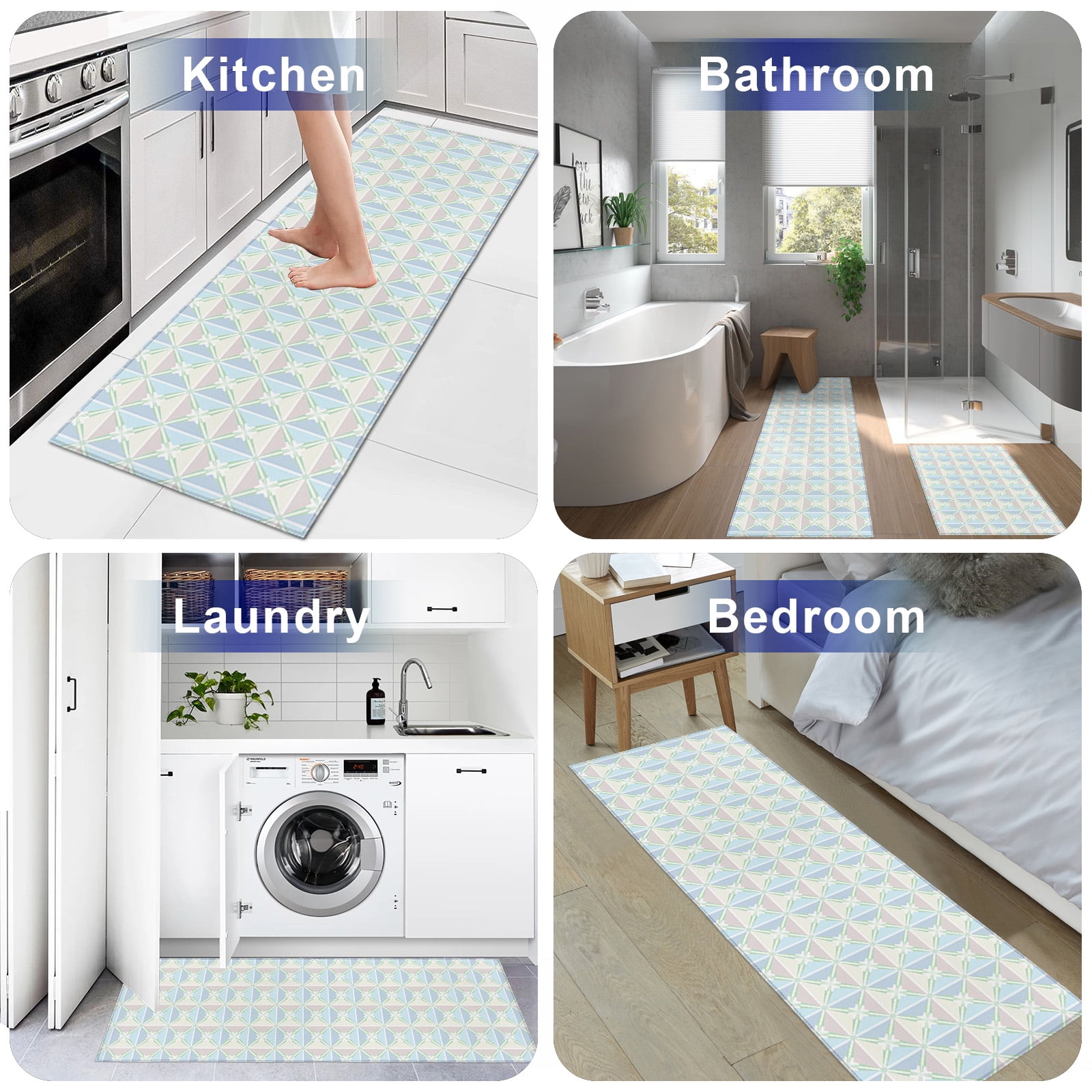 Blue Geometric, 2 Pieces Non-Slip Kitchen Mat Set Abstract Minimalistic ...