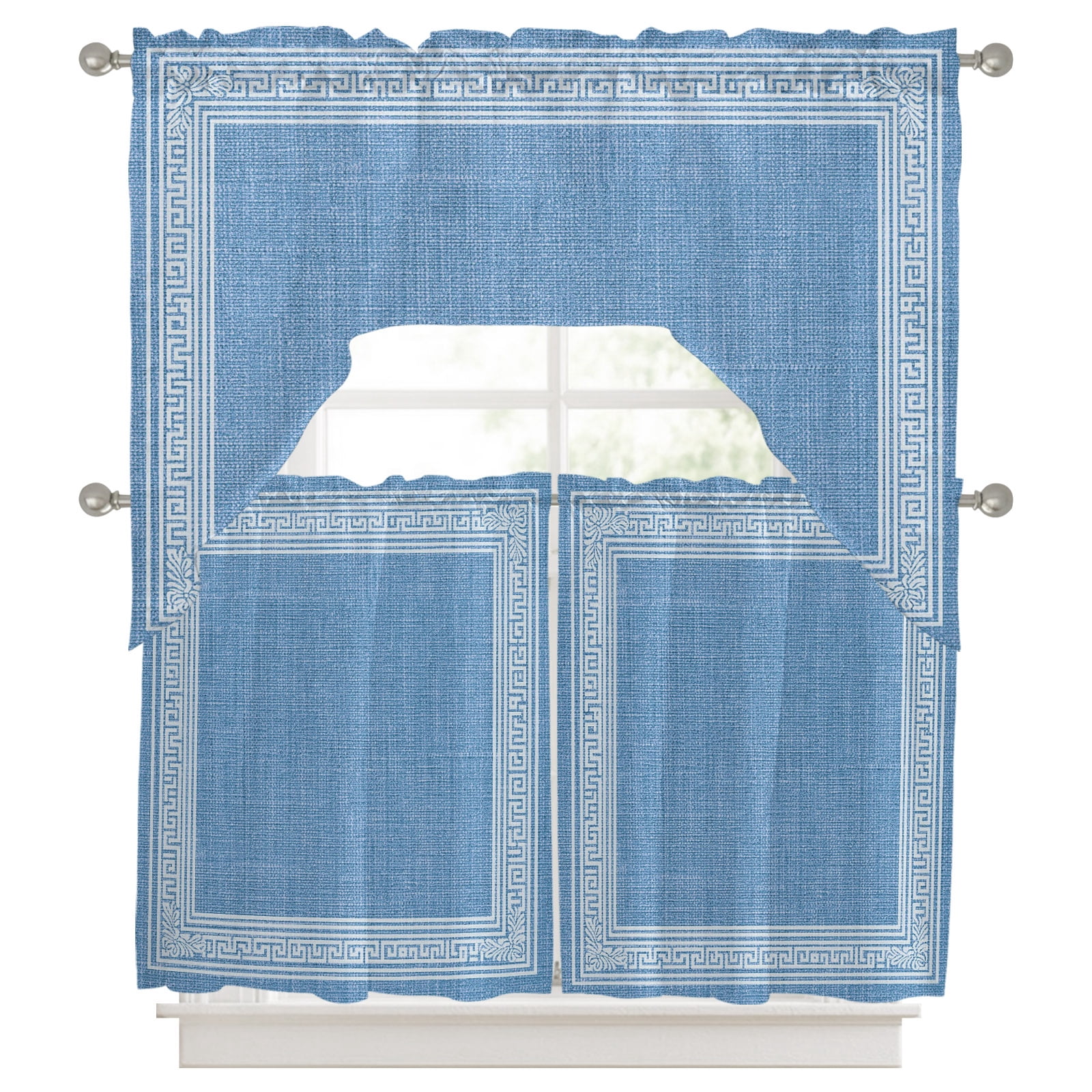 Blue Geometric 3 Pieces Swag Kitchen Curtains Set, White Greek Key ...