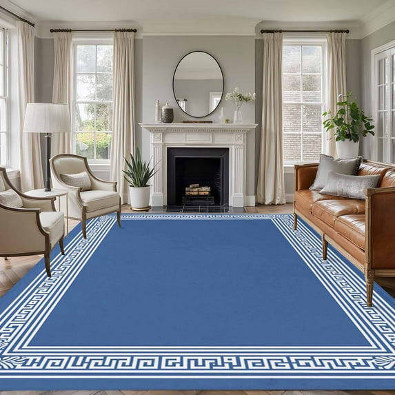 Blue Geometric 8x10 Area Rugs, White Greek Key Design Abstract Modern ...