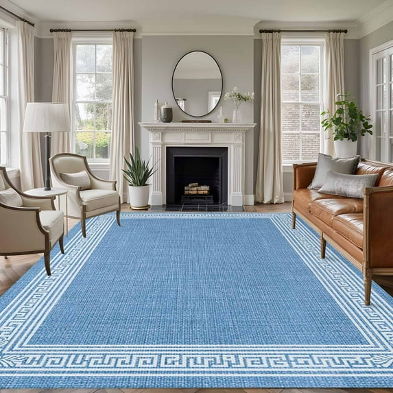 Blue Geometric 8x10 Area Rugs, White Greek Key Design Burlap Modern Art ...