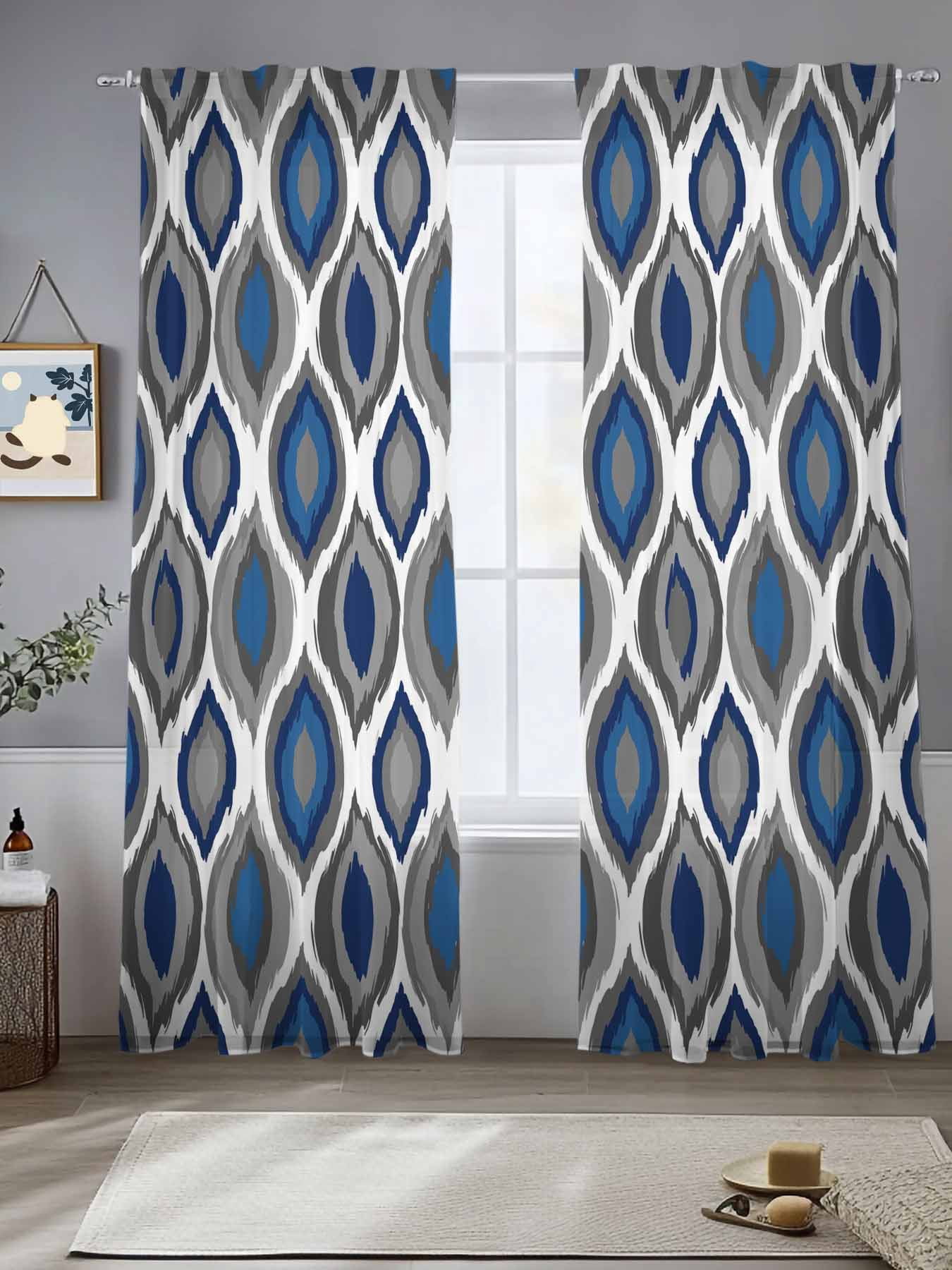 Blue Geometric Abstract Diamon Chiffon Sheer Curtains 84 Inches Long ...