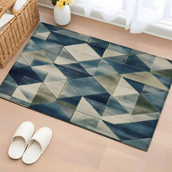 Blue Geometric Bathroom Rug Washable 2x3 Entryway Rug Non Slip Rhombus ...