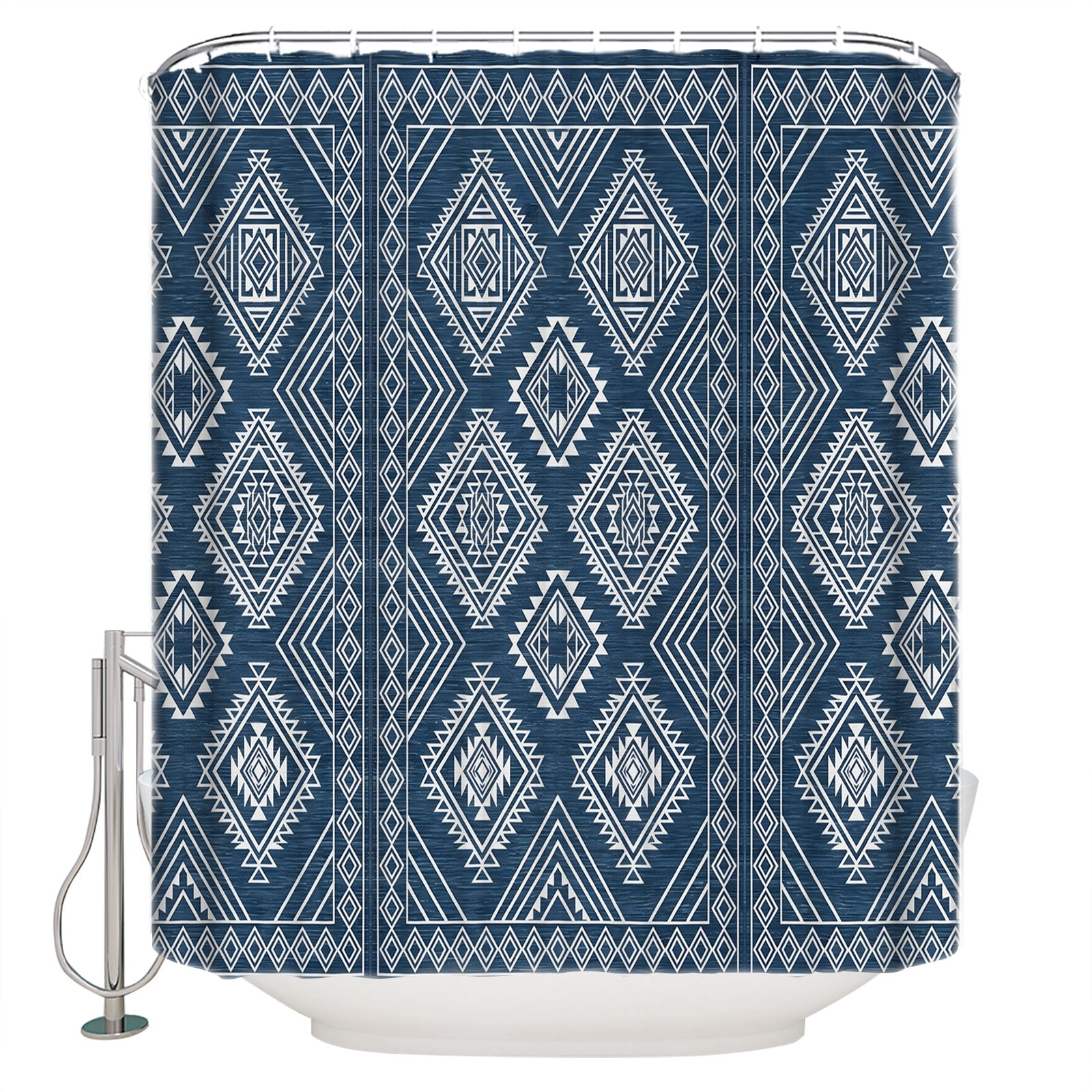 Blue Geometric Bathroom Shower Curtains with 12 Hooks Polyester ...