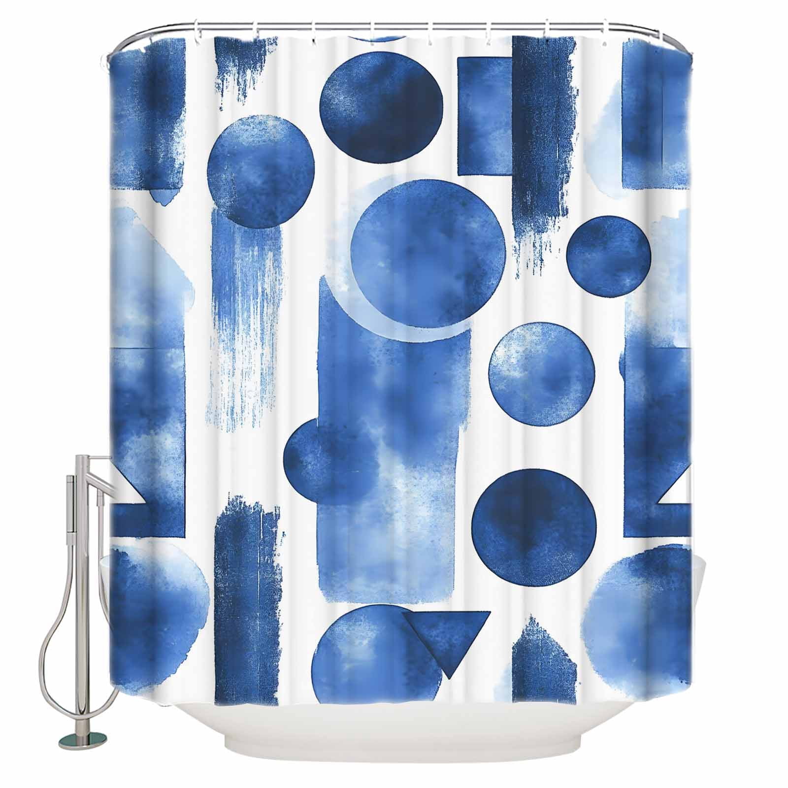Blue Geometric Bathroom Shower Curtains with 12 Hooks Polyester ...