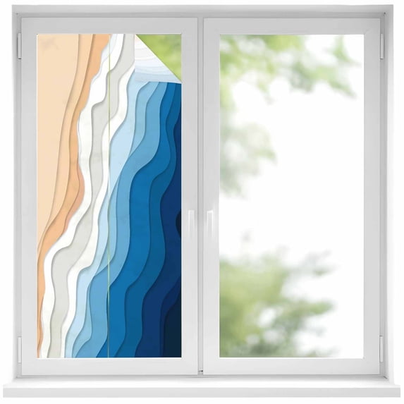 Blue Geometric Beach Window Privacy Film, Ombre Waves Moire Abstract ...
