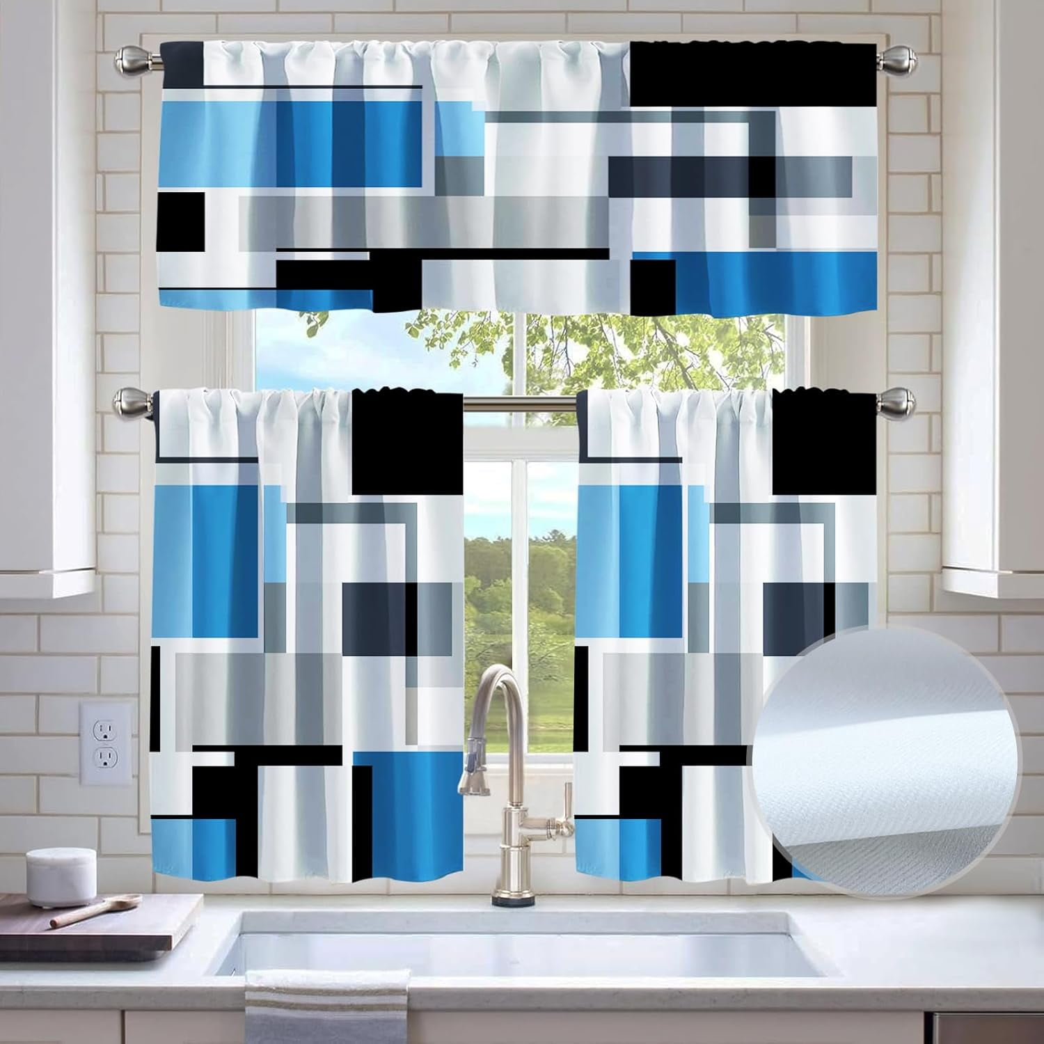 Blue Geometric Blackout Kitchen Window Tier Curtains and Valance Set ...