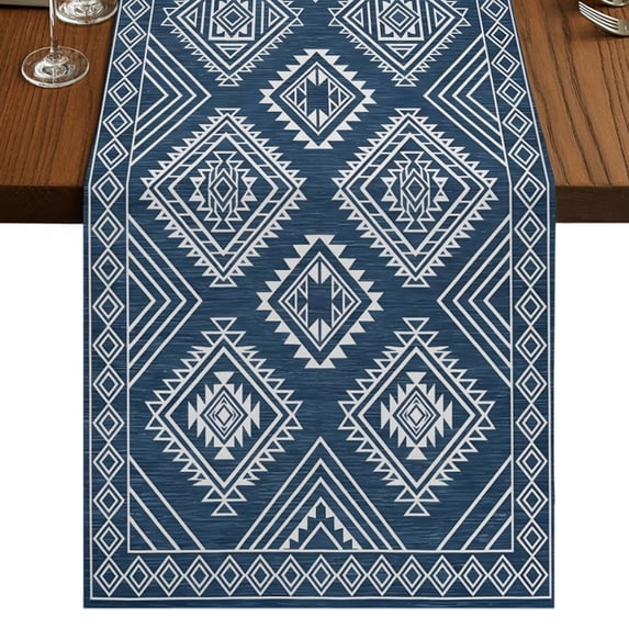 Blue Geometric Burlap Cotton Table Runner 13x120 Inches Long, Geometric ...