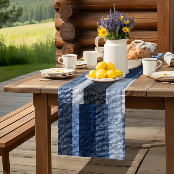 Blue Geometric Color Block Table Runner 13x72in Non-Slip Cotton Linen ...
