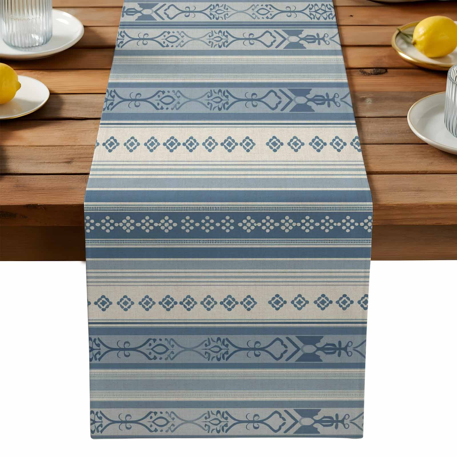 Blue Geometric Cotton Linen Table Runner for Dining Kitchen, Modern ...