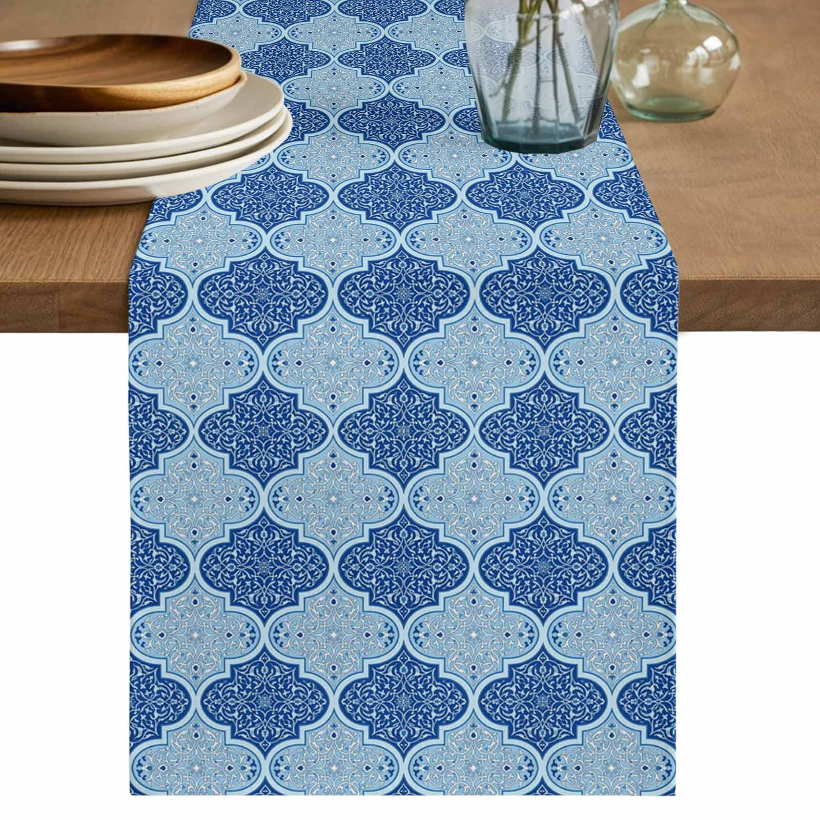 Blue Geometric Cotton Linen Table Runner for Dining Kitchen, Retro ...
