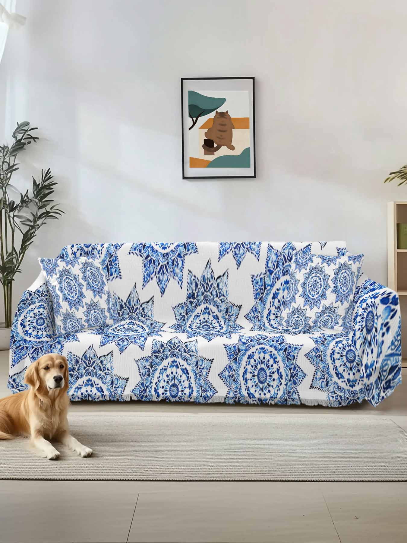 Blue Geometric Couch Cover, Watercolor Blue Floral Ethnic Modern Sofa ...