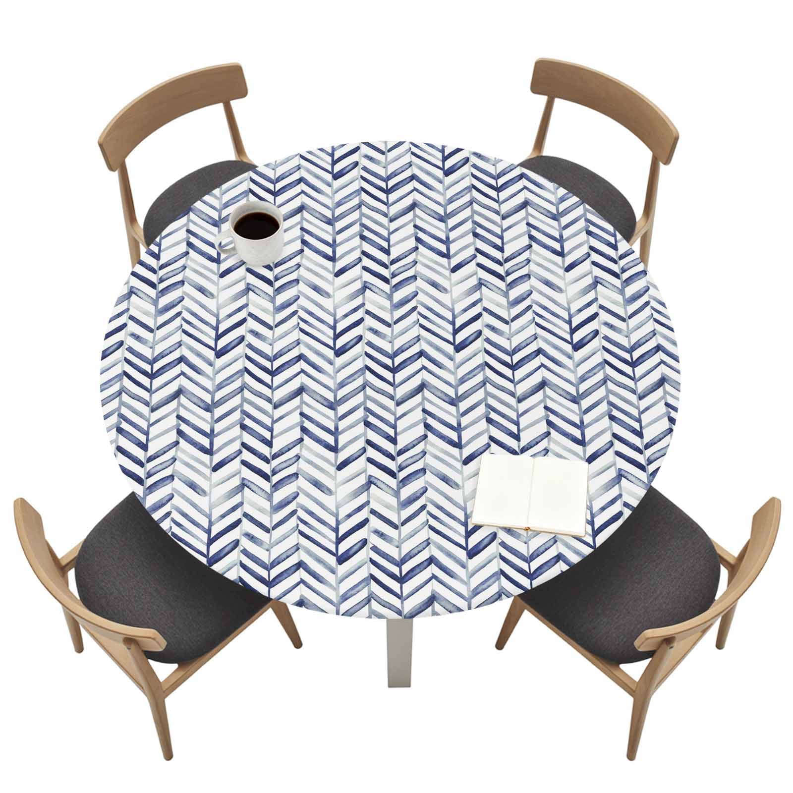 Blue Geometric Fitted Tablecloth with Elastic Edged, Round Table Cloth ...