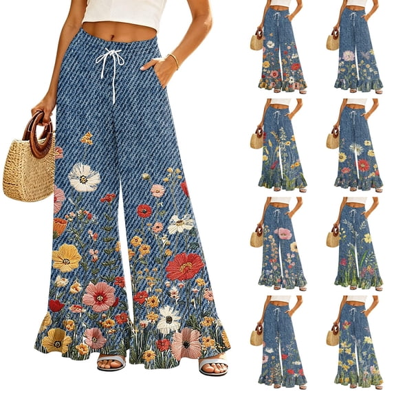 Blue Geometric Floral Palazzo Pants for Women, High Waist Drawstring ...