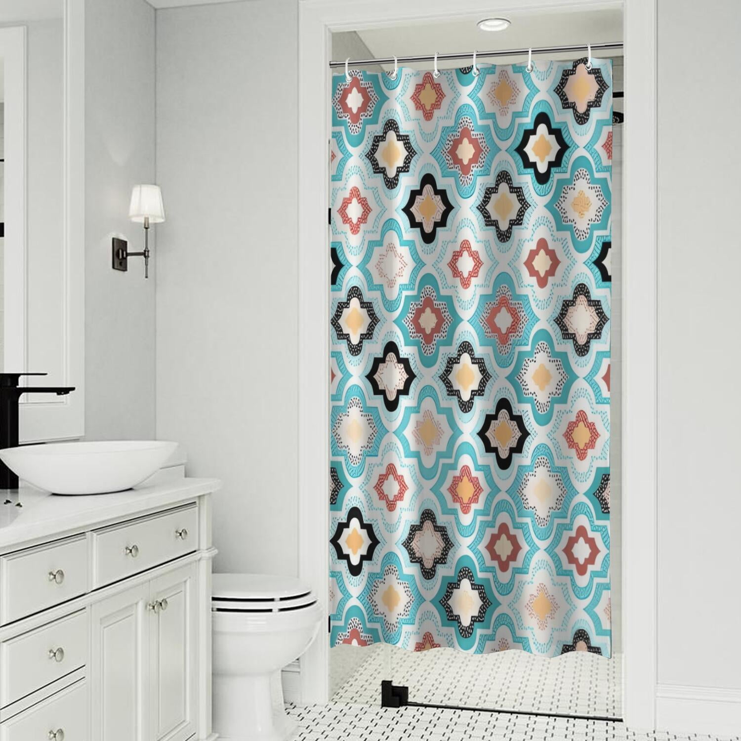 Blue Geometric Flower Diamond Pattern Shower Curtain 36"x72" ,Bathroom ...