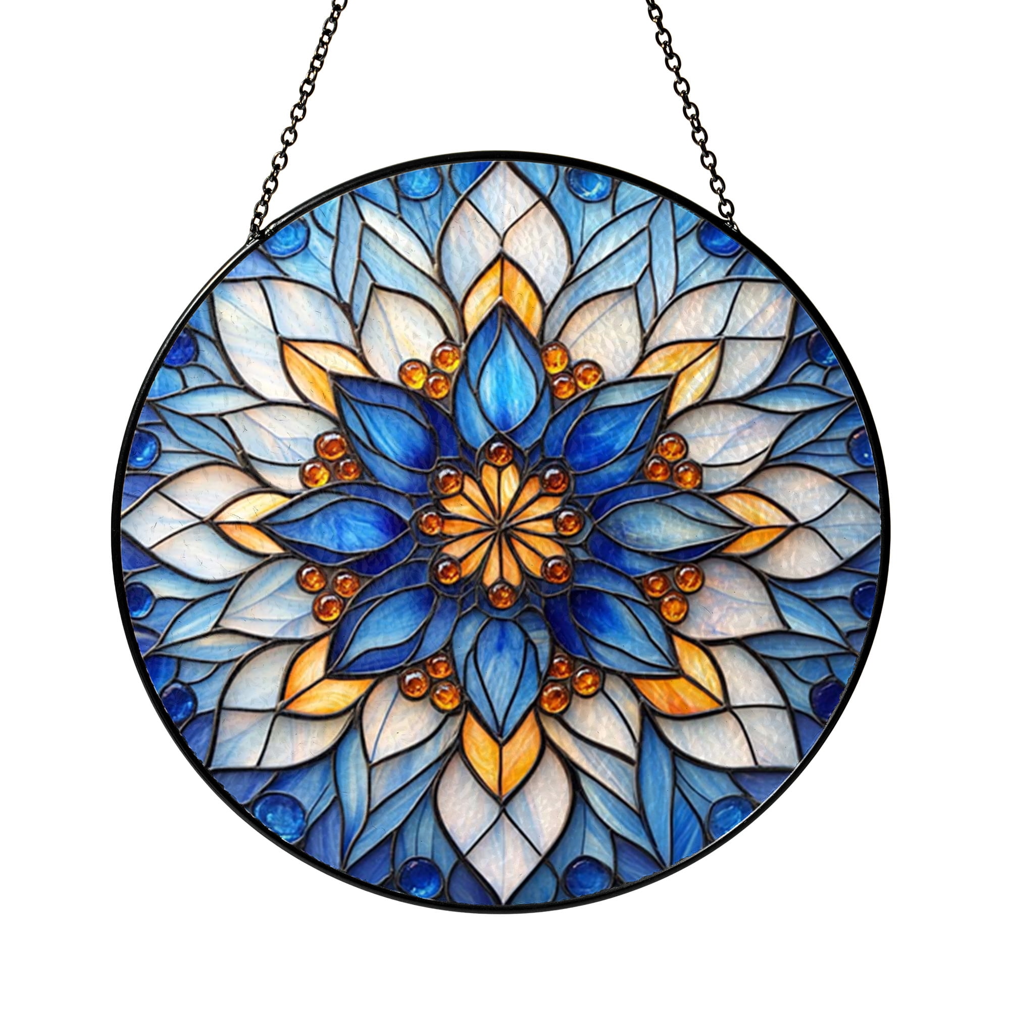 Blue Geometric Flower Stained Glass Window Art – Decorative Hanging ...