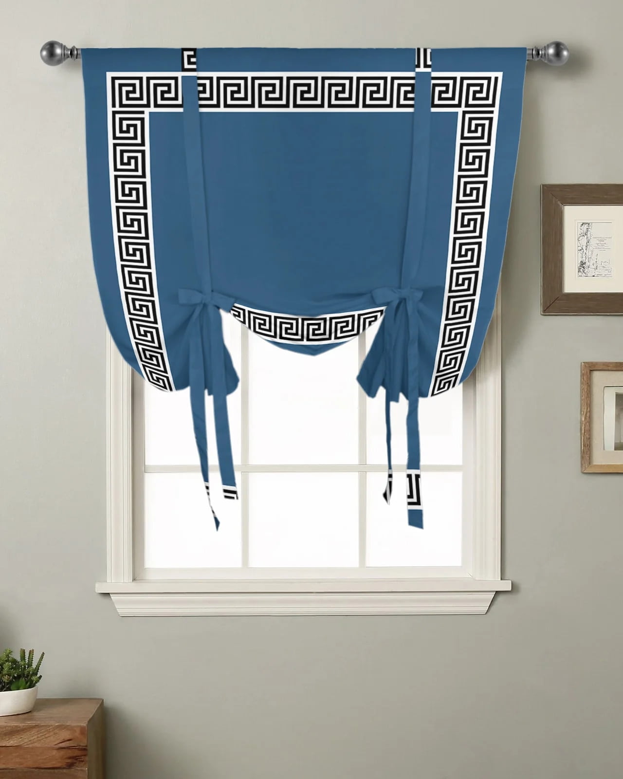 Blue Geometric Greek Geometric Kitchen Short Window Curtain Rod Pocket ...