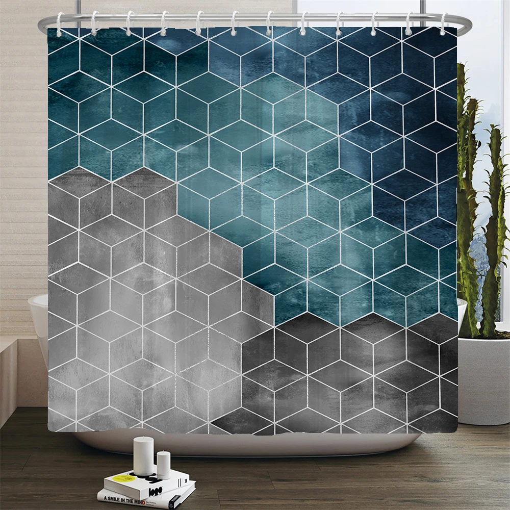 Blue Geometric Hexagonal Shower Curtains Waterproof Fabric Bathroom Curtain with ration Bath ...