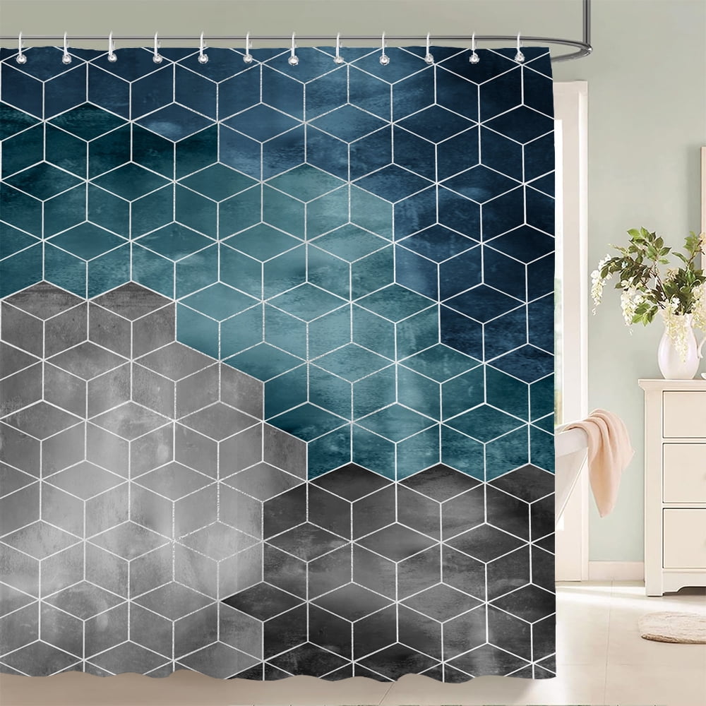 Blue Geometric Hexagonal Shower Curtains Waterproof Fabric Bathroom Curtain with ration Bath ...