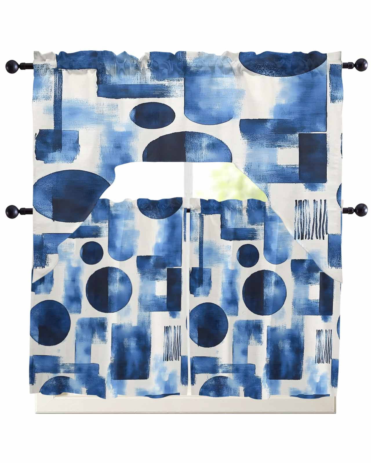 Blue Geometric Kitchen Curtain and Valance Set 3 Pieces,Rod Pocket ...