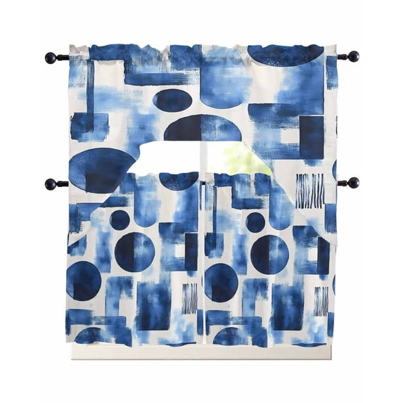 Blue Geometric Kitchen Curtain and Valance Set 3 Pieces,Rod Pocket ...
