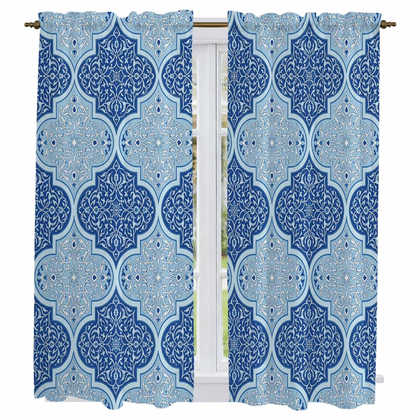 Blue Geometric Kitchen Curtains 63 Inch Length, Retro Morocco Abstract ...