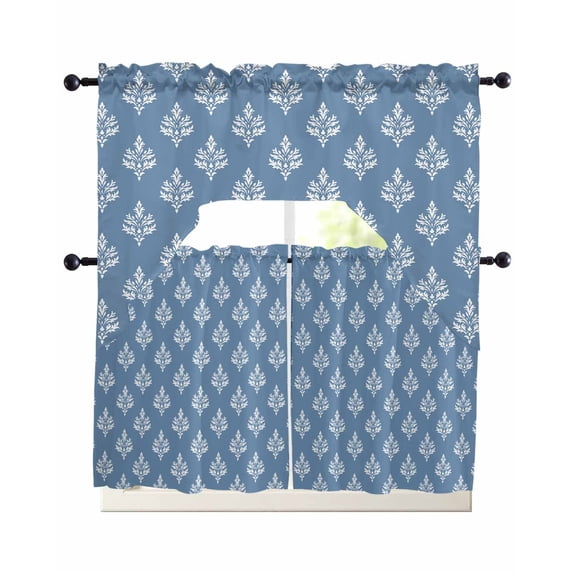 Blue Geometric Kitchen Curtains Set for Windows 3 Piece Cafe Curtains ...