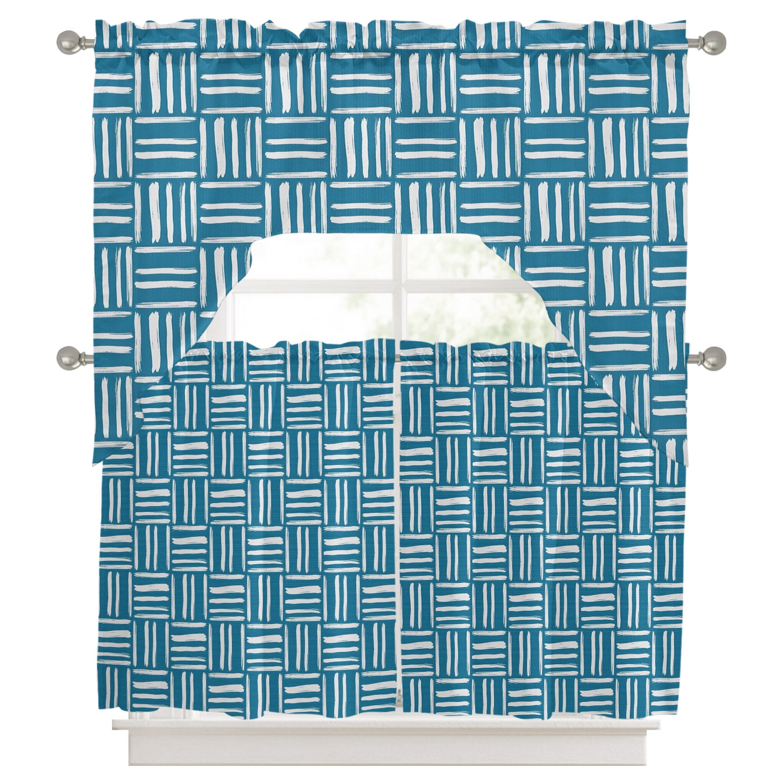 Blue Geometric Kitchen Curtains Swag Valance and Tier Curtains Set 24 ...