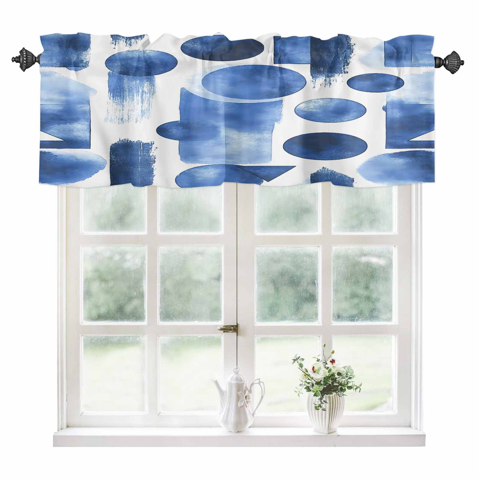 Blue Geometric Kitchen Valances for Windows 42x12 Inch Kitchen Curtains ...