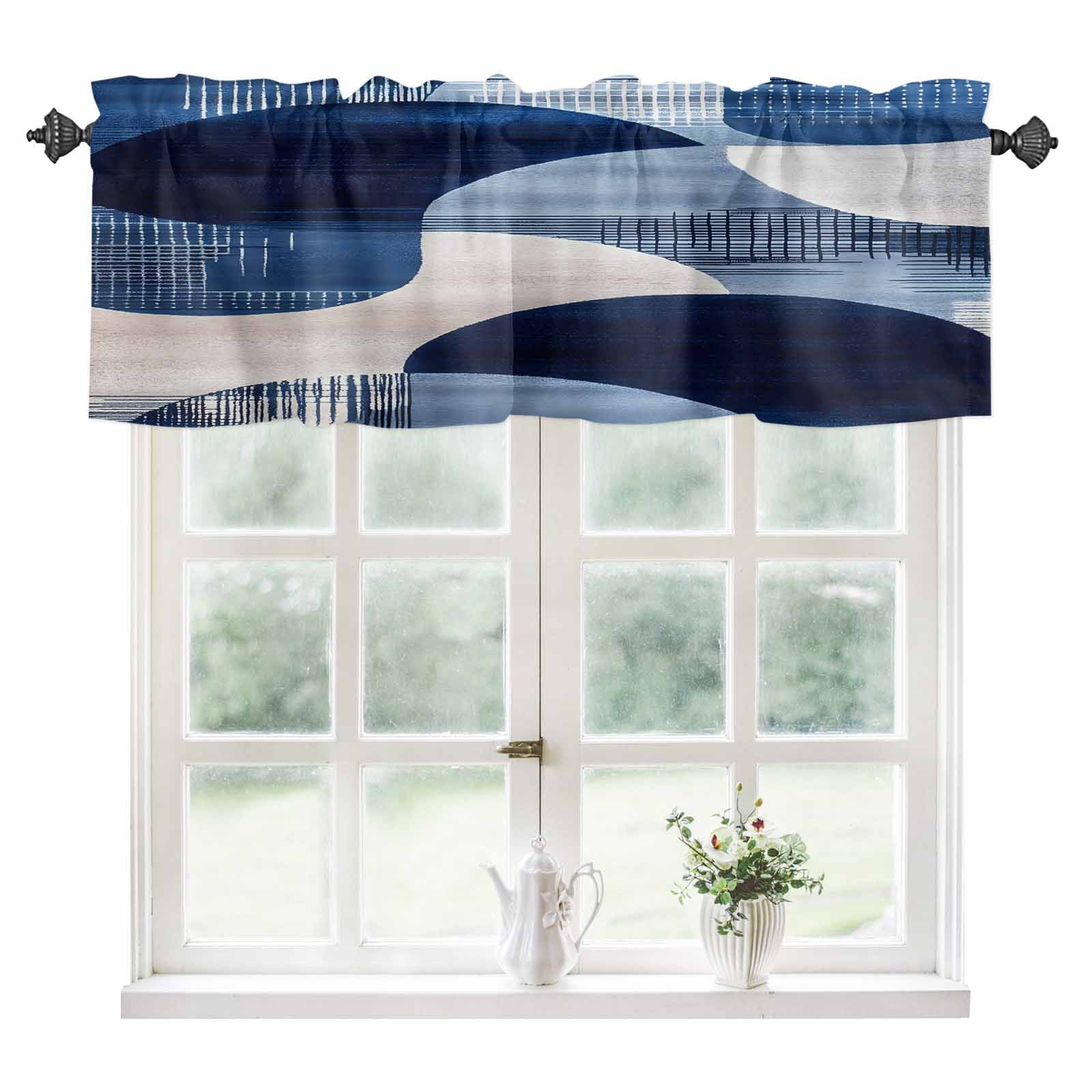Blue Geometric Kitchen Valances for Windows 42x12 Inch Kitchen Curtains ...