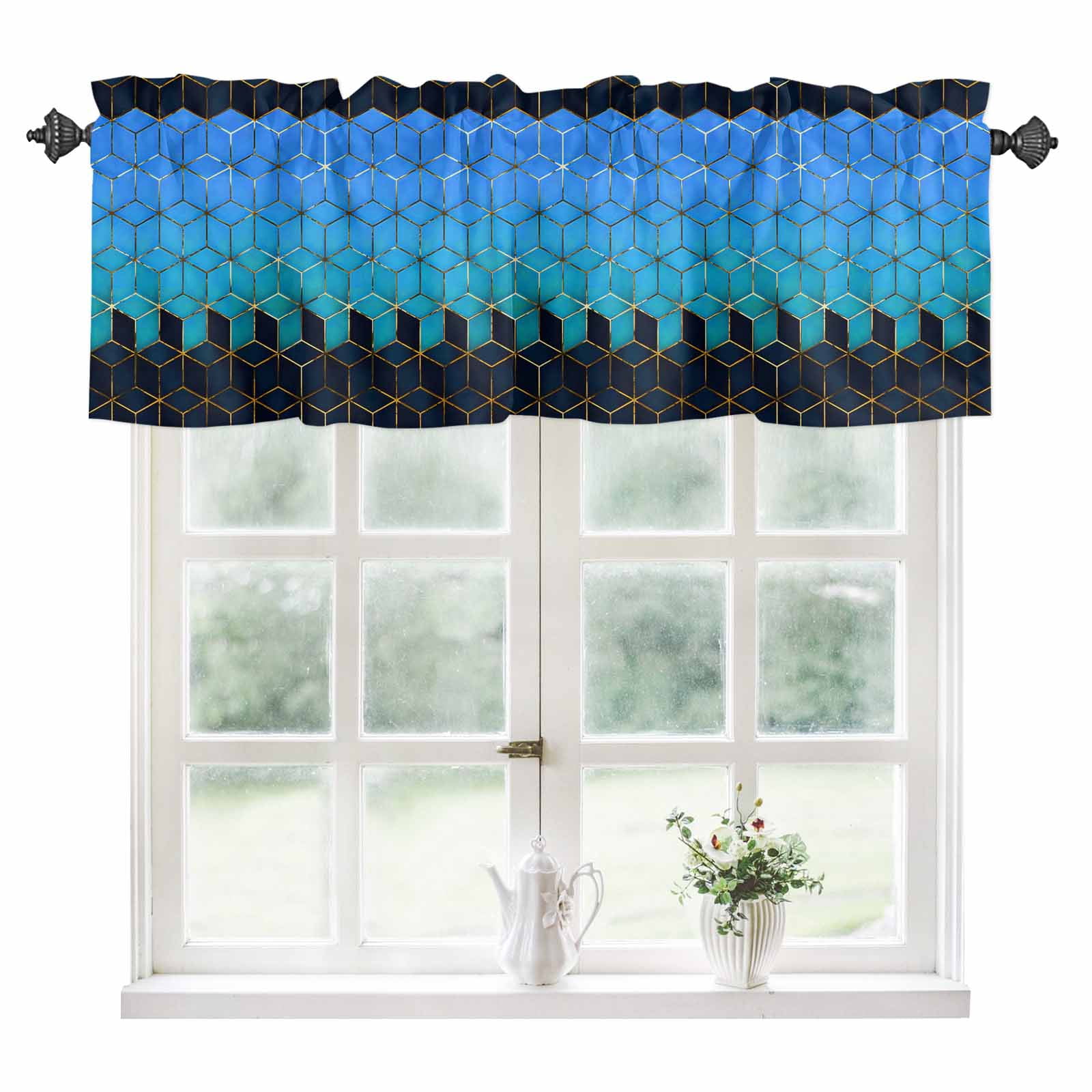Blue Geometric Kitchen Valances for Windows 42x18 Inch Kitchen Curtains ...