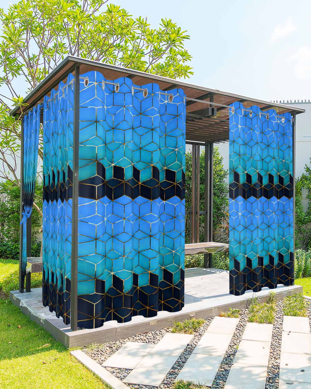 Blue Geometric Outdoor Curtains for Patio Waterproof,Gradient Black ...