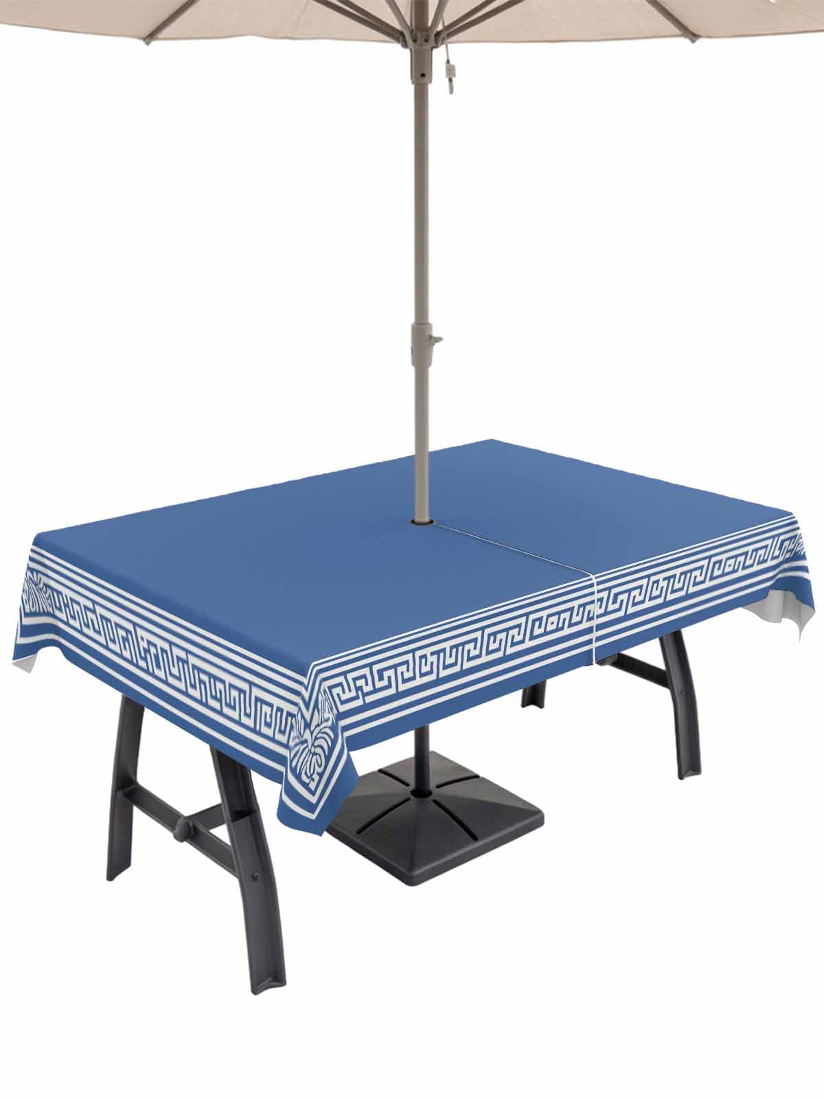 Blue Geometric Outdoor Tablecloth with Umbrella Hole, White Greek Key ...