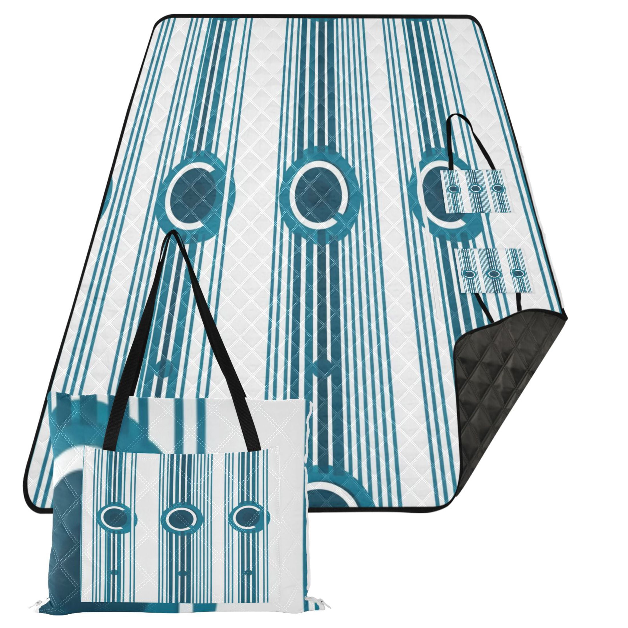 Blue Geometric Pattern 60x80in Waterproof Picnic Mat, Foldable Backpack ...