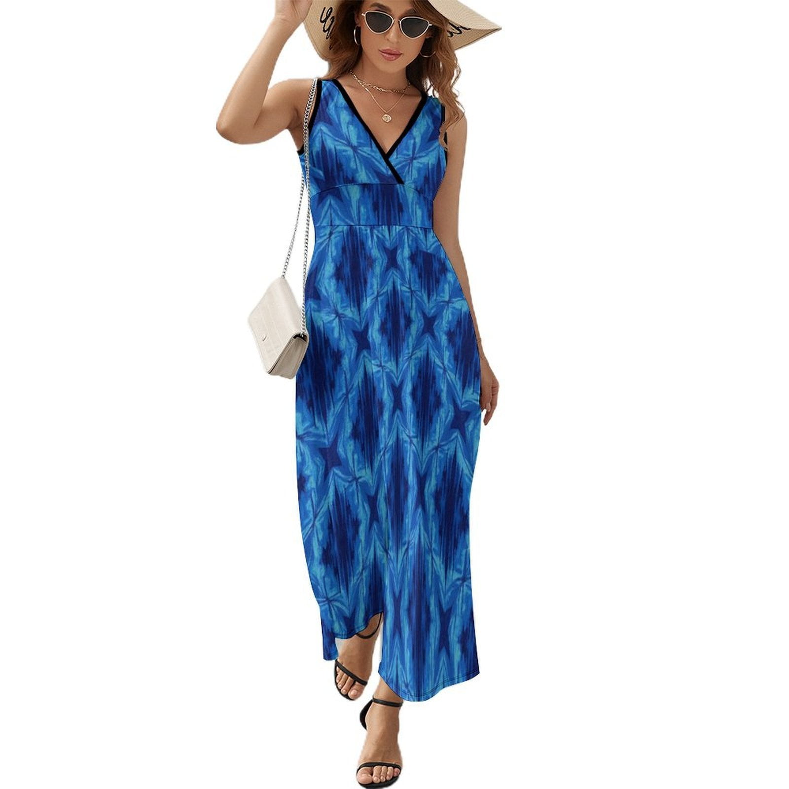 Blue Geometric Pattern Abstract Art Womens Night Club Maxi Dress V Neck ...