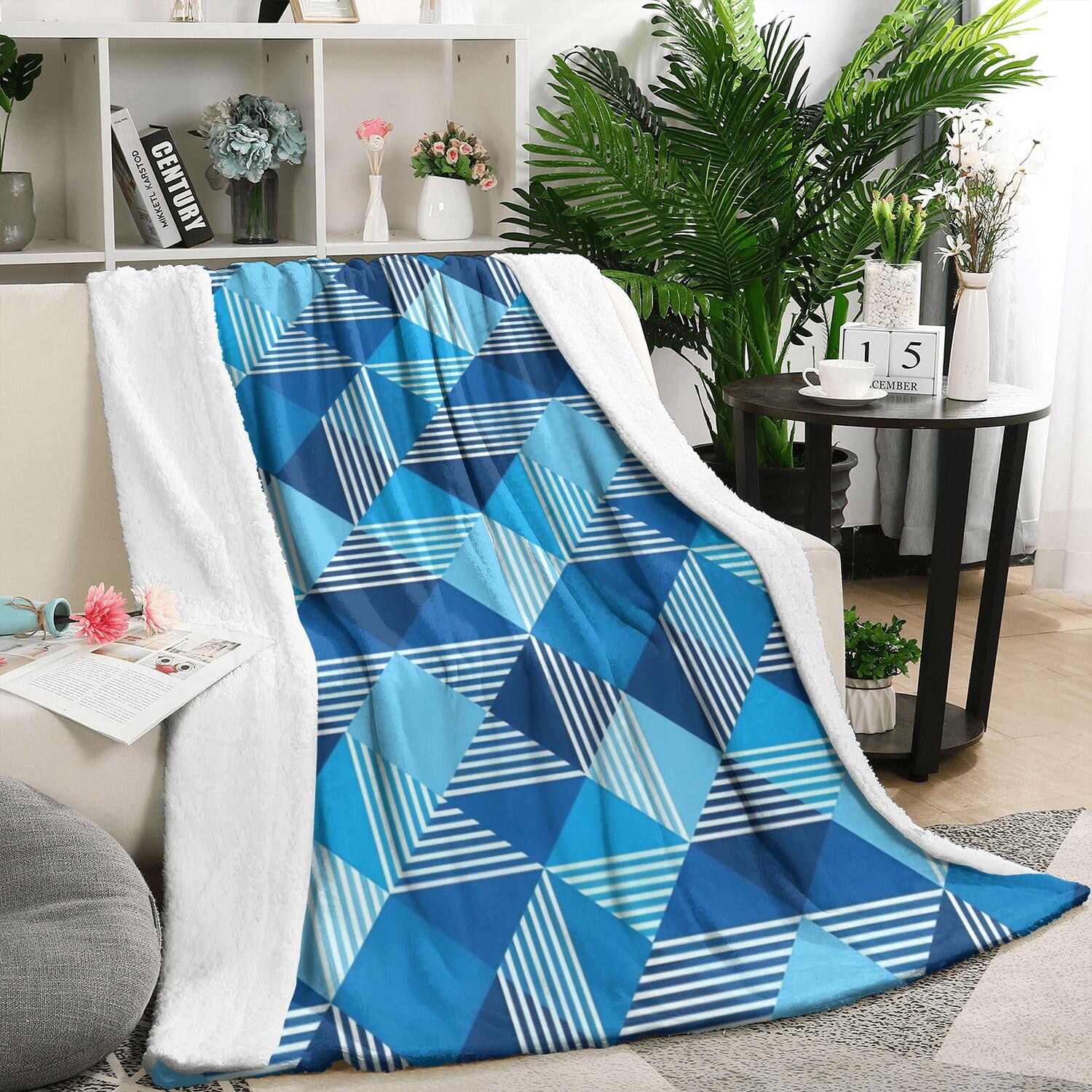 Blue Geometric Pattern Blanket,Comfortable Soft Lamb Wool Throw Blanket ...