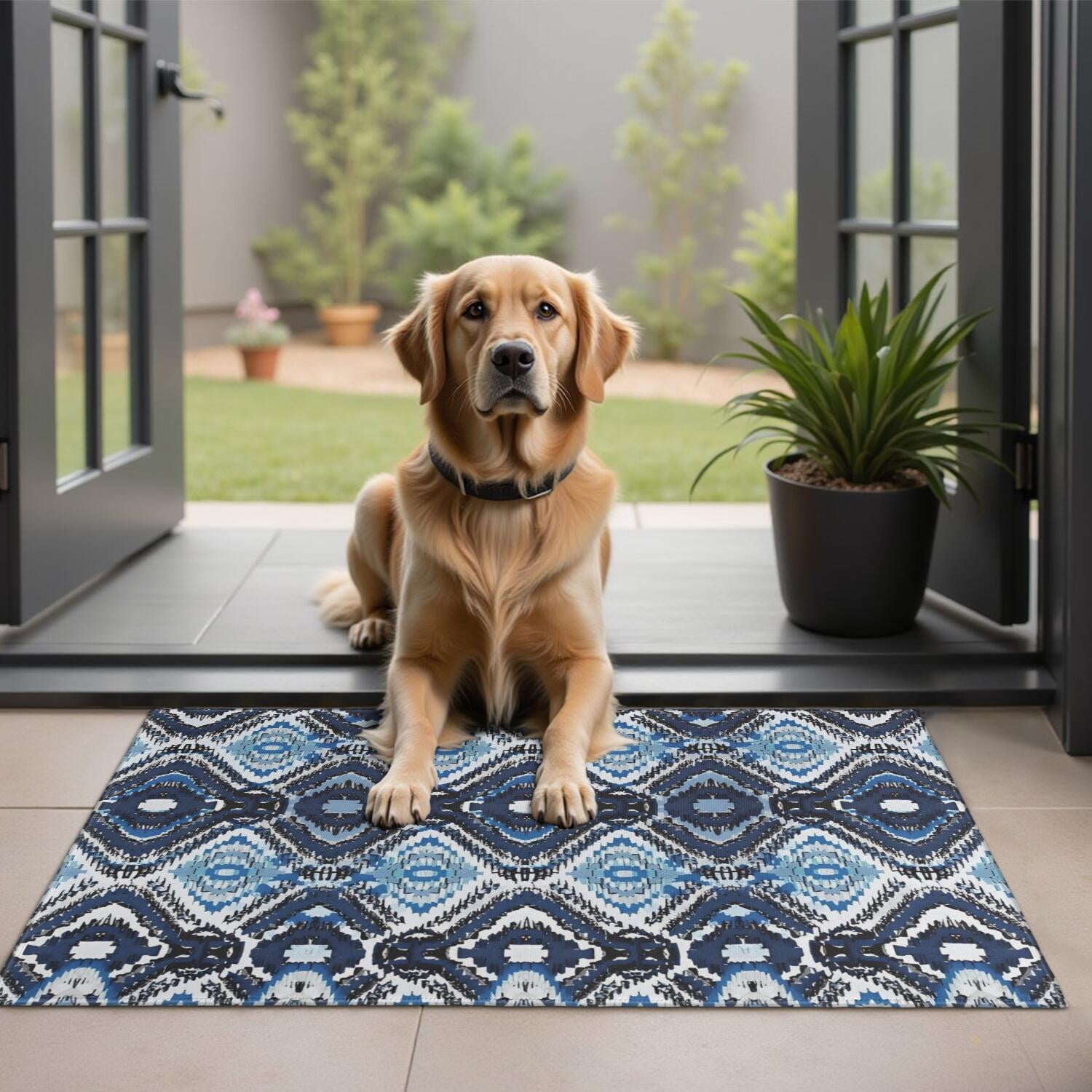 Blue Geometric Pattern Door Rugs,Washable Non Slip Door Mats Indoor ...