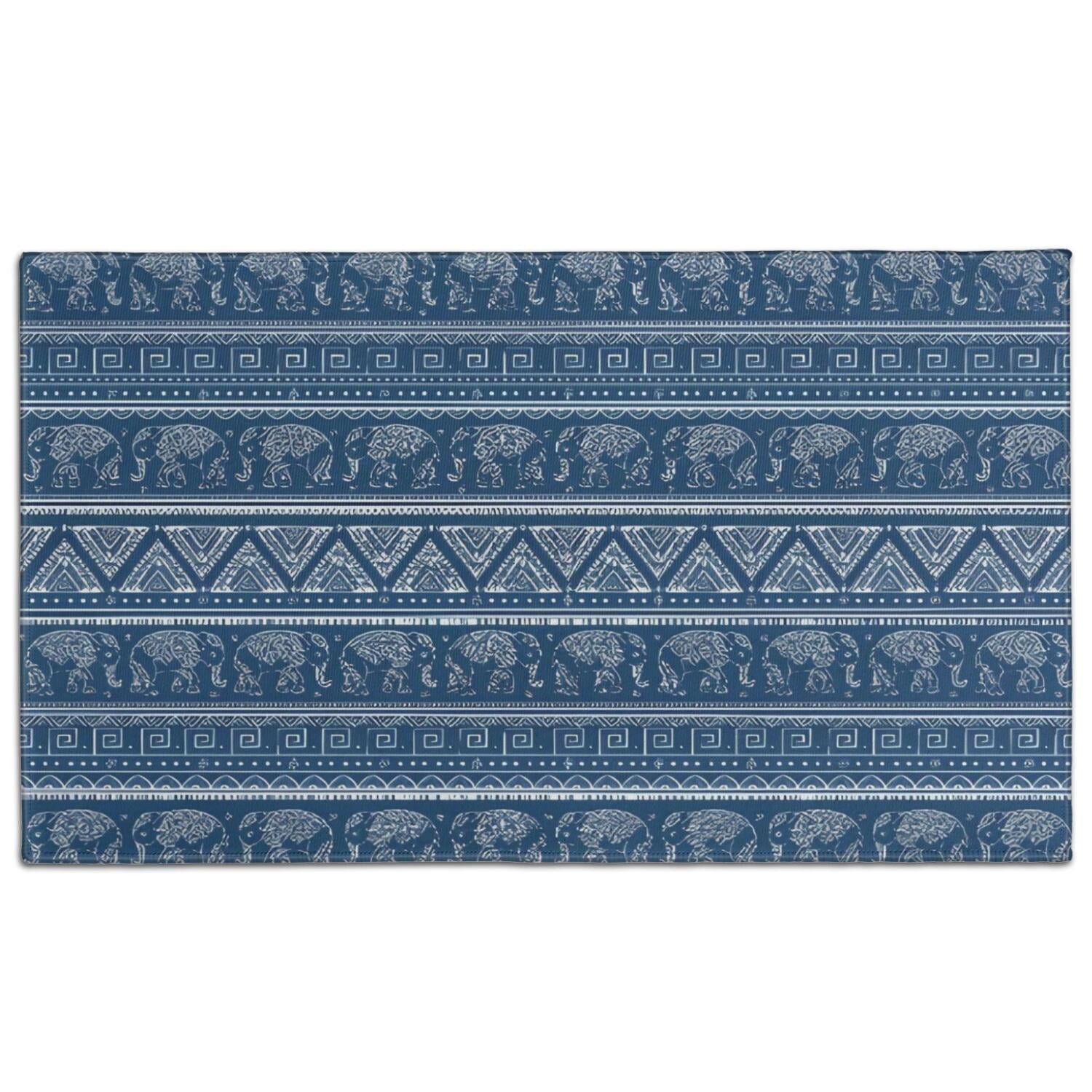 Blue Geometric Pattern with Elephants Door Rugs,Washable Non Slip Door ...