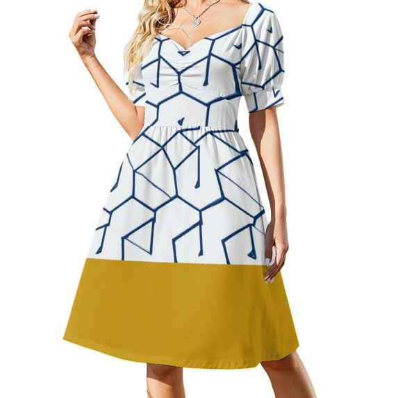 Blue Geometric Pattern Gold Base Short Sleeve Dress Clothes Women's ...