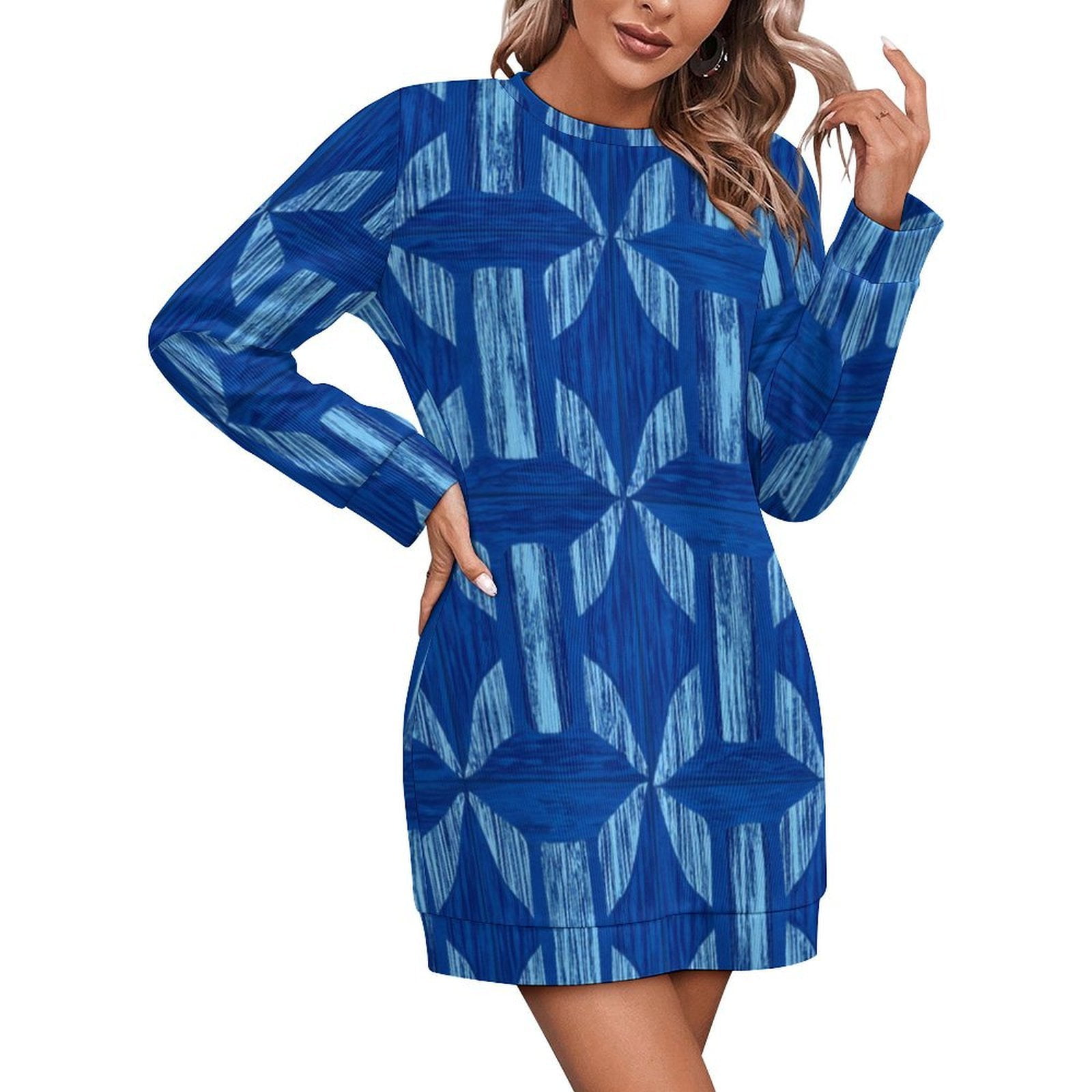 Blue Geometric Pattern Repetition Women Elegant Long Sleeve Warm Dress ...