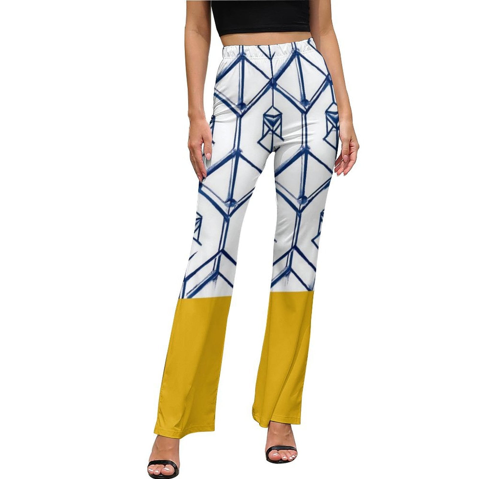 Blue Geometric Pattern Yellow Base High Waisted Casual Flared Trousers ...