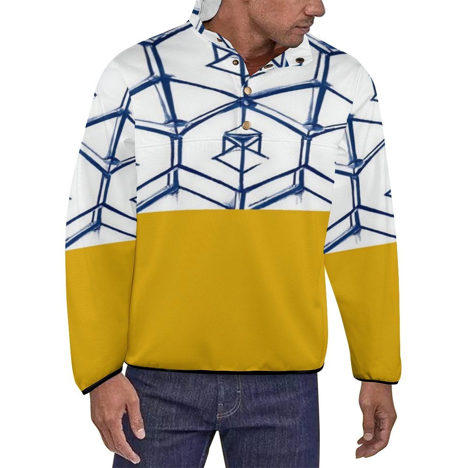 Blue Geometric Pattern Yellow Base Men's Stand Collar Sweater Long ...