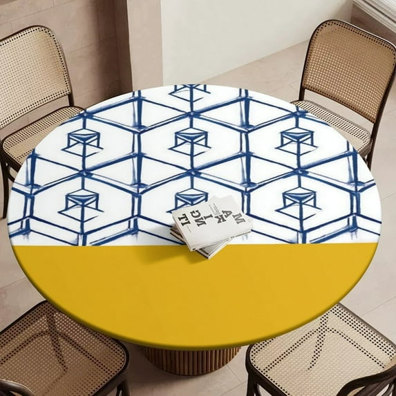 Blue Geometric Pattern Yellow Base Round Table Cover Kitchen Printed ...