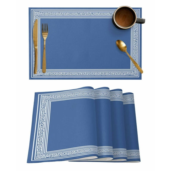 Blue Geometric Placemats Set of 6, White Greek Key Design Abstract ...