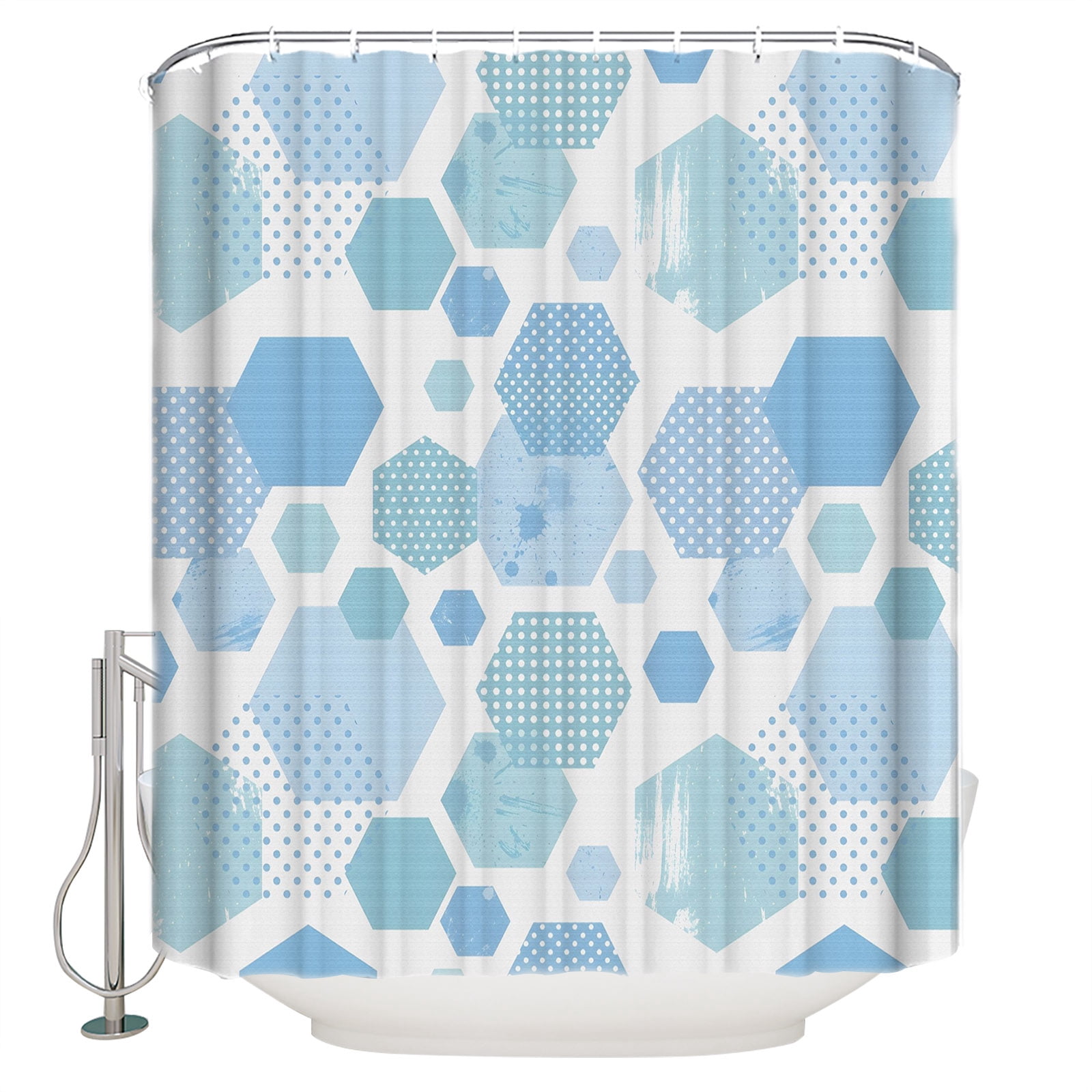 Blue Geometric Polka Dot Bathroom Shower Curtains with 12 Hooks ...