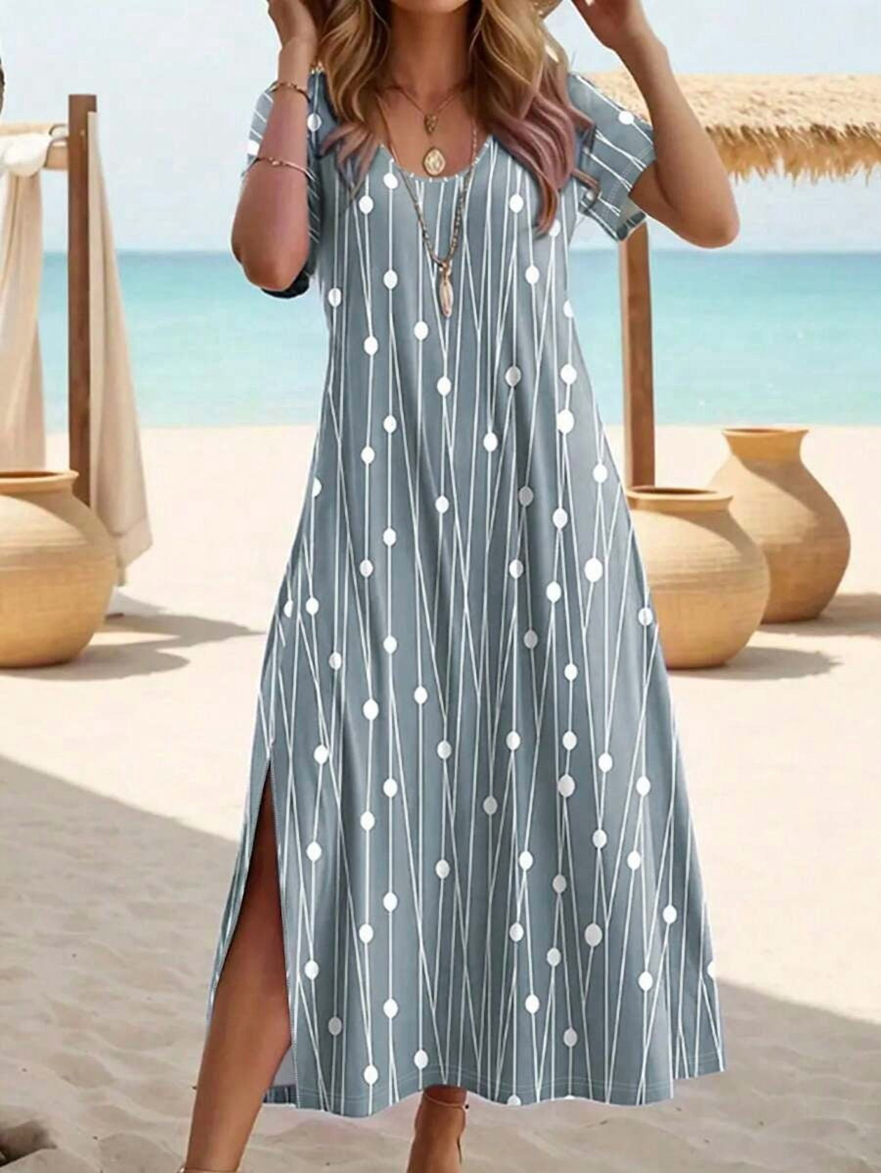 Blue Geometric Polka Dot Print V-Neck Short Sleeve Loose Maxi Dress ...