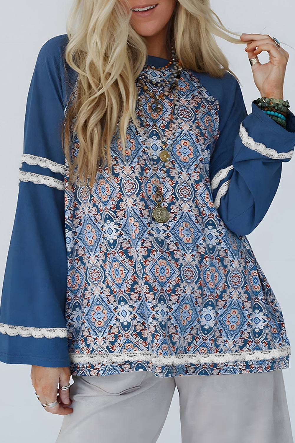 Blue Geometric Printed Lace Patchwork Ric Rac Raglan Long Sleeve Top ...