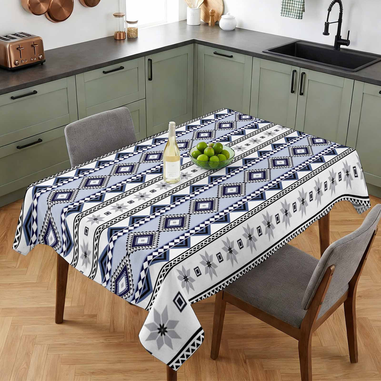 Blue Geometric Retro Boho Table Cloth 52x70in, Waterproof Rectangle ...
