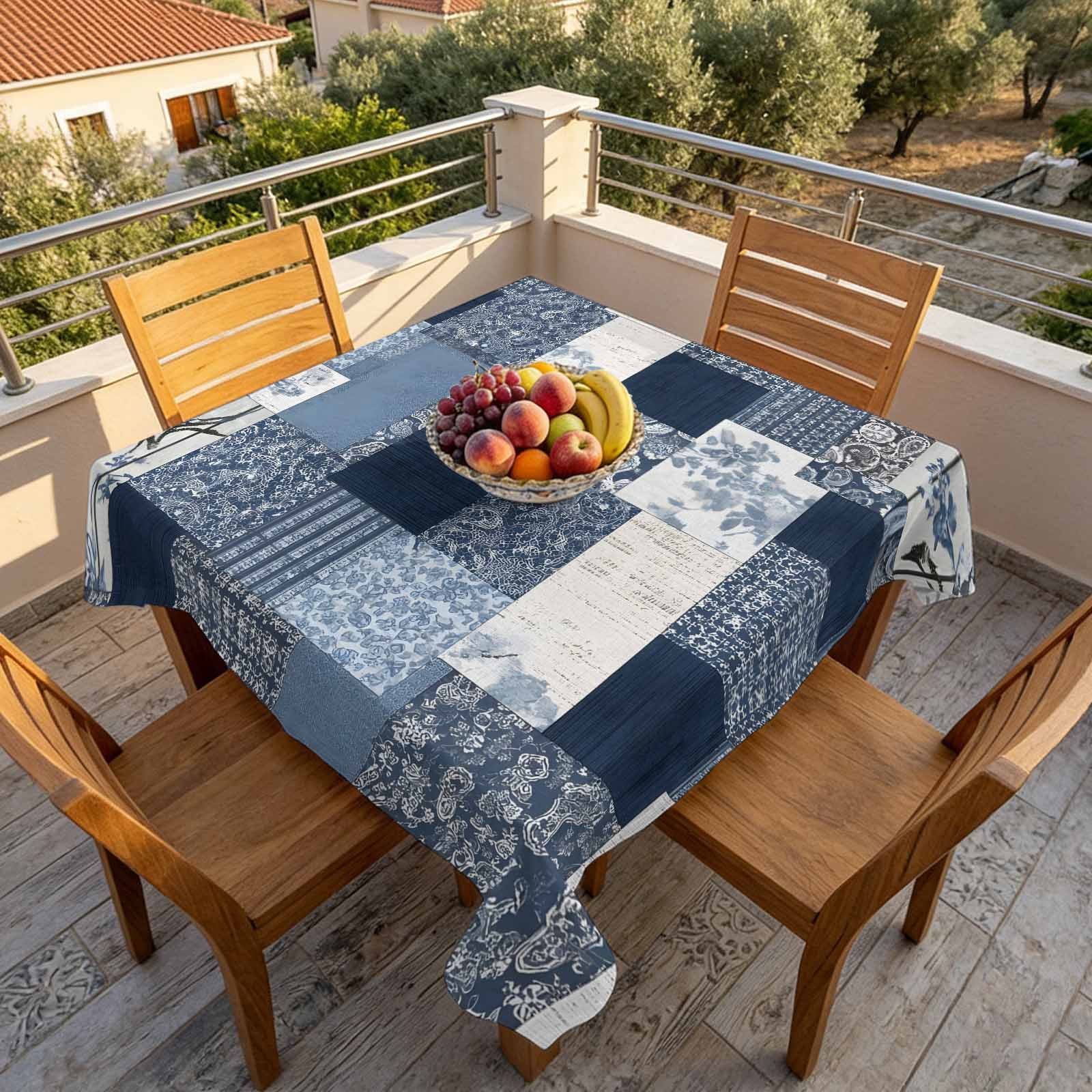 Blue Geometric Retro Patchwork Table Cloth 60x60in, Waterproof Square ...